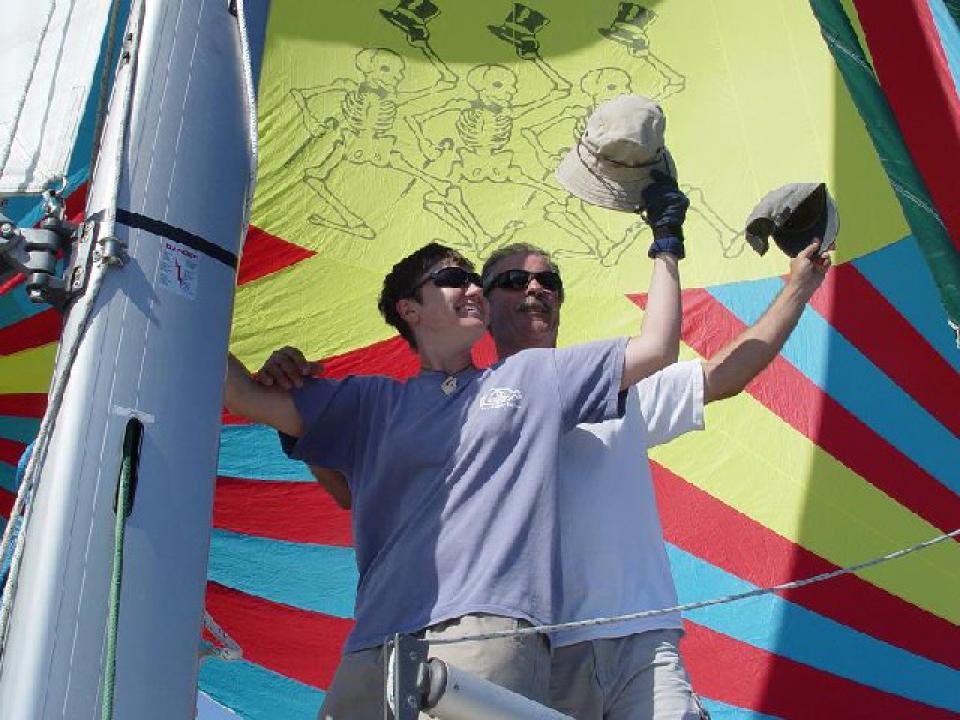 Asymmetrical Spinnaker Rigging - Pat and Carrie goofing around.